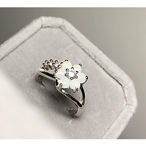 LARDROK Exquisite Round Cut White Created-Opal Stone Flower Created-Opal Rings Women Jewelry Birthday Proposal Gift Bridal Engagement Party Band Rings Size 6-10