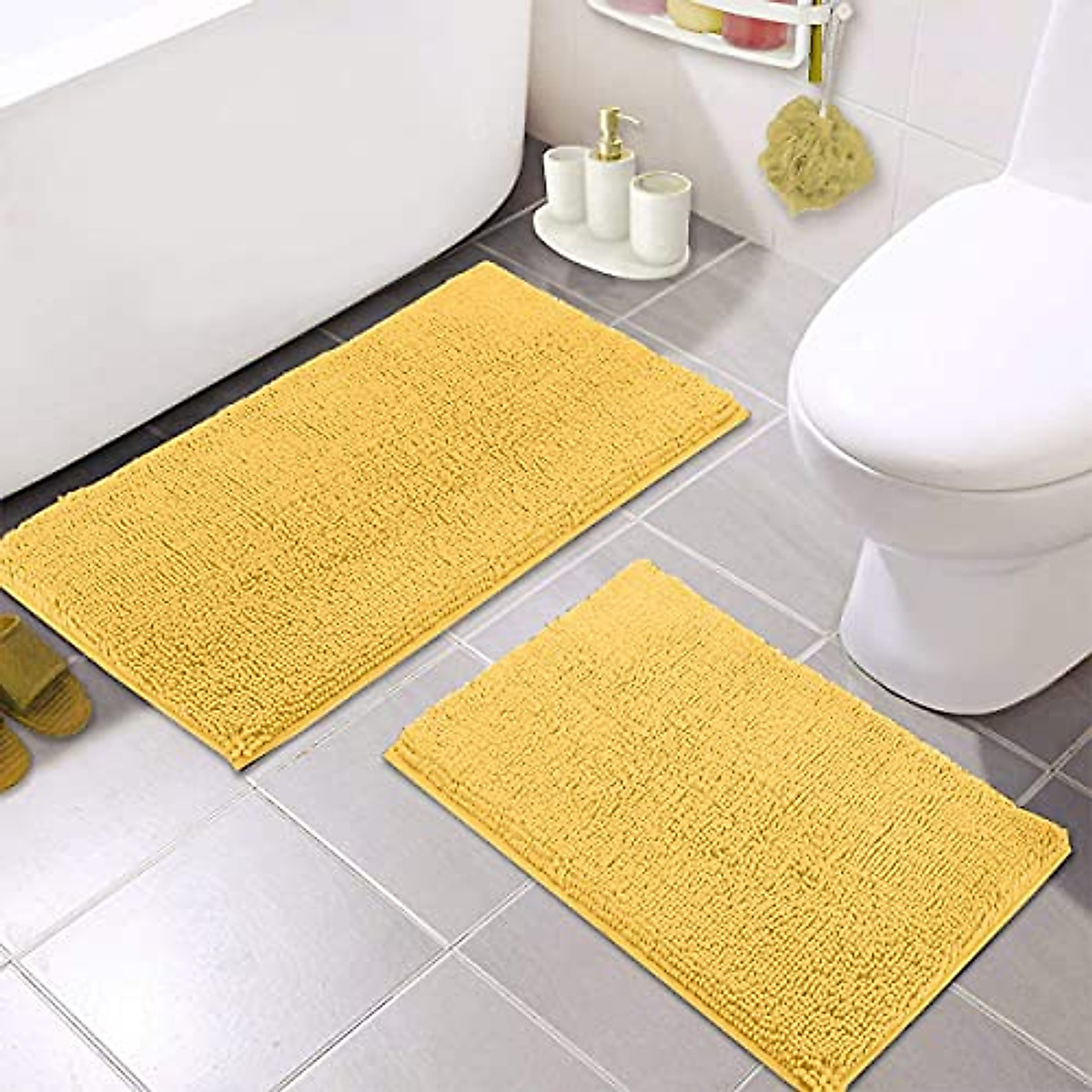 LuxUrux Yellow Bathroom Rug Set 2 Piece –Extra-Soft Bath mat Shower Bathroom Rugs,1'' Chenille Microfiber Material, Super Absorbent (30 X 20'' + 23 x 15'', Yellow)