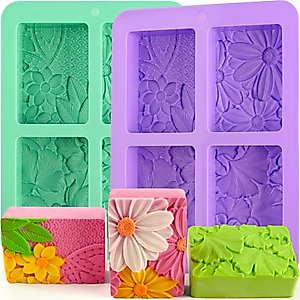 HUAKENER Silicone Soap Molds, 2 Pack 4-Cavity Rectangle Soap Mold, Flower Soap Making Molds