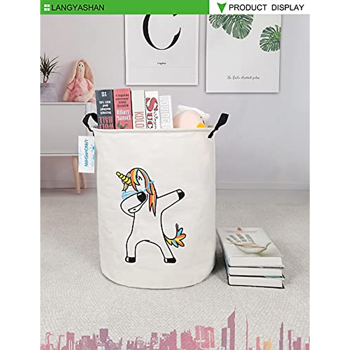 LANGYASHAN Laundry Basket Canvas Fabric Collapsible Organizer Baskets for Storage Bin Toy Bins Gift Baskets Bedroom Clothes Children Nursery Hamper (Danceing Unicorn)