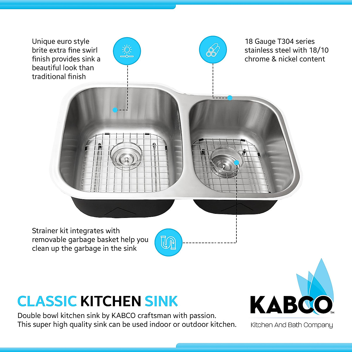 KABCO 32 Inch 18 Gauge Undermount Stainless Steel Classic Kitchen Sink, Rust Resistant, Sound and Heatproof, Double Unequal Bowl Swirl Finish Sink with Sink Strainers, Garbage Baskets and Sink Grids