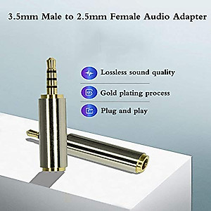 2 Pack 3.5mm Male to 2.5mm Female Audio Adapter Gold Plated Aux Auxiliary Plug Splitter 3 Ring Jack Support Converter Headphone Earphone Headset Stereo or Mono
