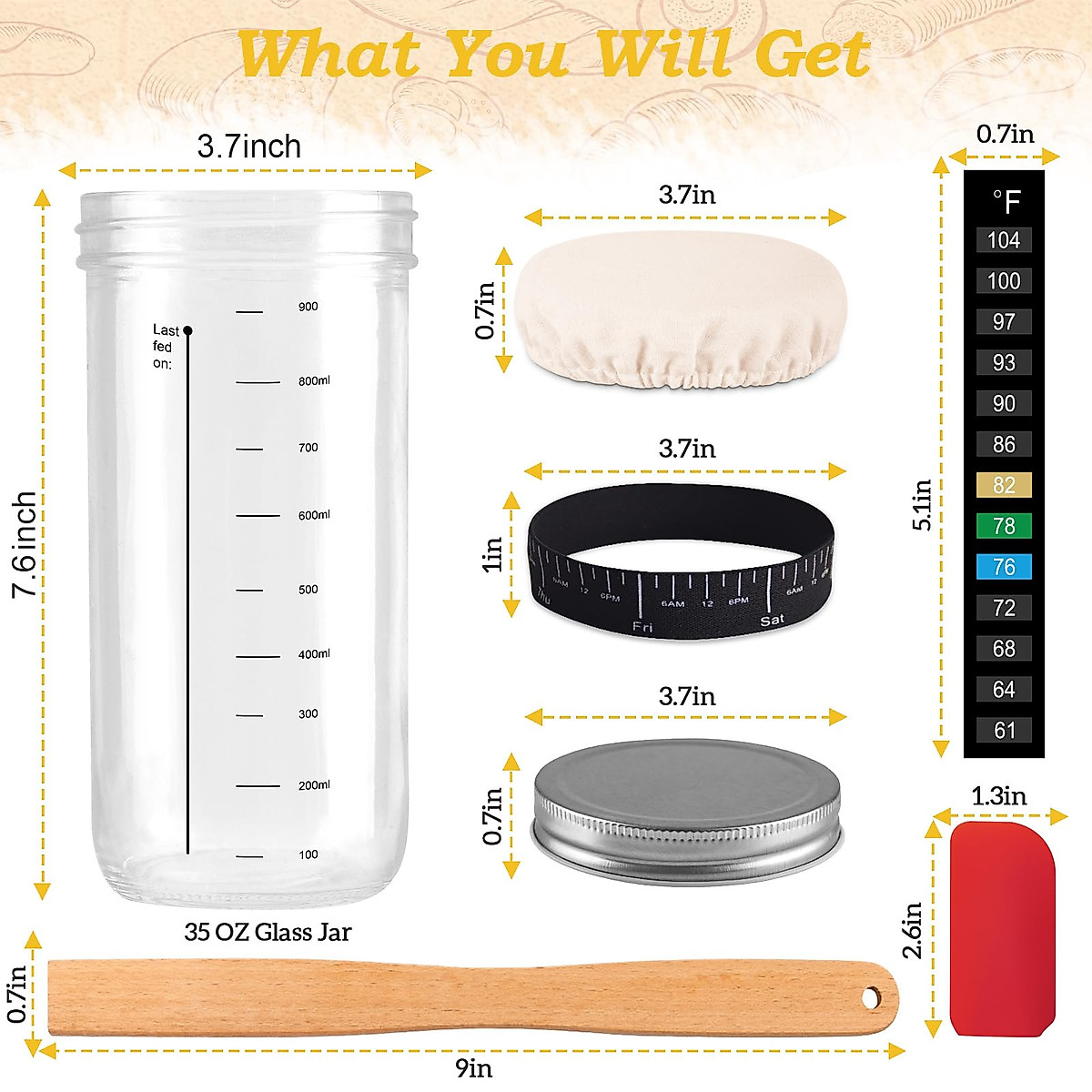 Tyniaide 35oz/1000ml Sourdough Starter Kit – Extra Thermometer Strips and Breathable Covers Included in Sourdough Starter Jar – A Perfect Sourdough Bread Starter Kit for Beginners to Expert