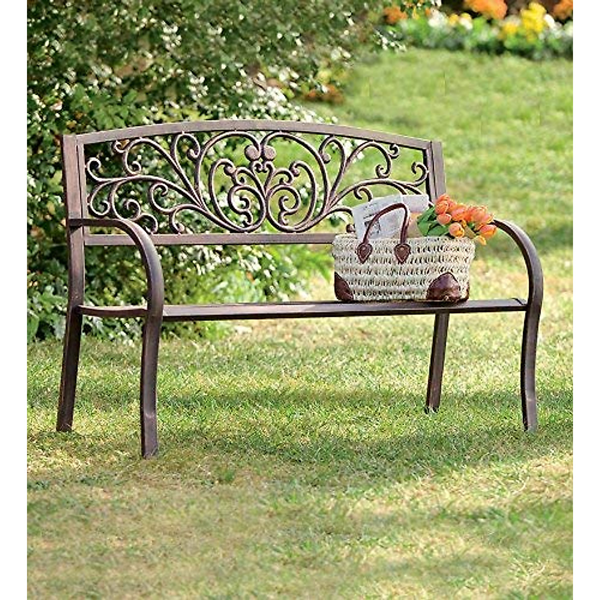 Blooming Patio Garden Bench Park Yard Outdoor Furniture, Iron Metal Frame, Elegant Bronze Finish, Sturdy Durable Construction, Scrollwork Design, Easy Assembly 50 L x 17 1/2 W x 34 1/2 H