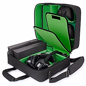 USA GEAR Xbox Series X Carrying Case - Xbox Series X Travel Case Compatible with Xbox Series X Console & Xbox Series S - Customizable Interior for Xbox Controllers & More Gaming Accessories (Green)