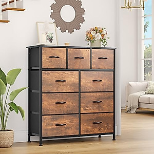 YITAHOME Dresser with 9 Drawers - Fabric Storage Tower, Organizer Unit for Living Room, Hallway - Sturdy Steel Frame, Wooden Top & Easy Pull Fabric Bins (Rustic Brown)