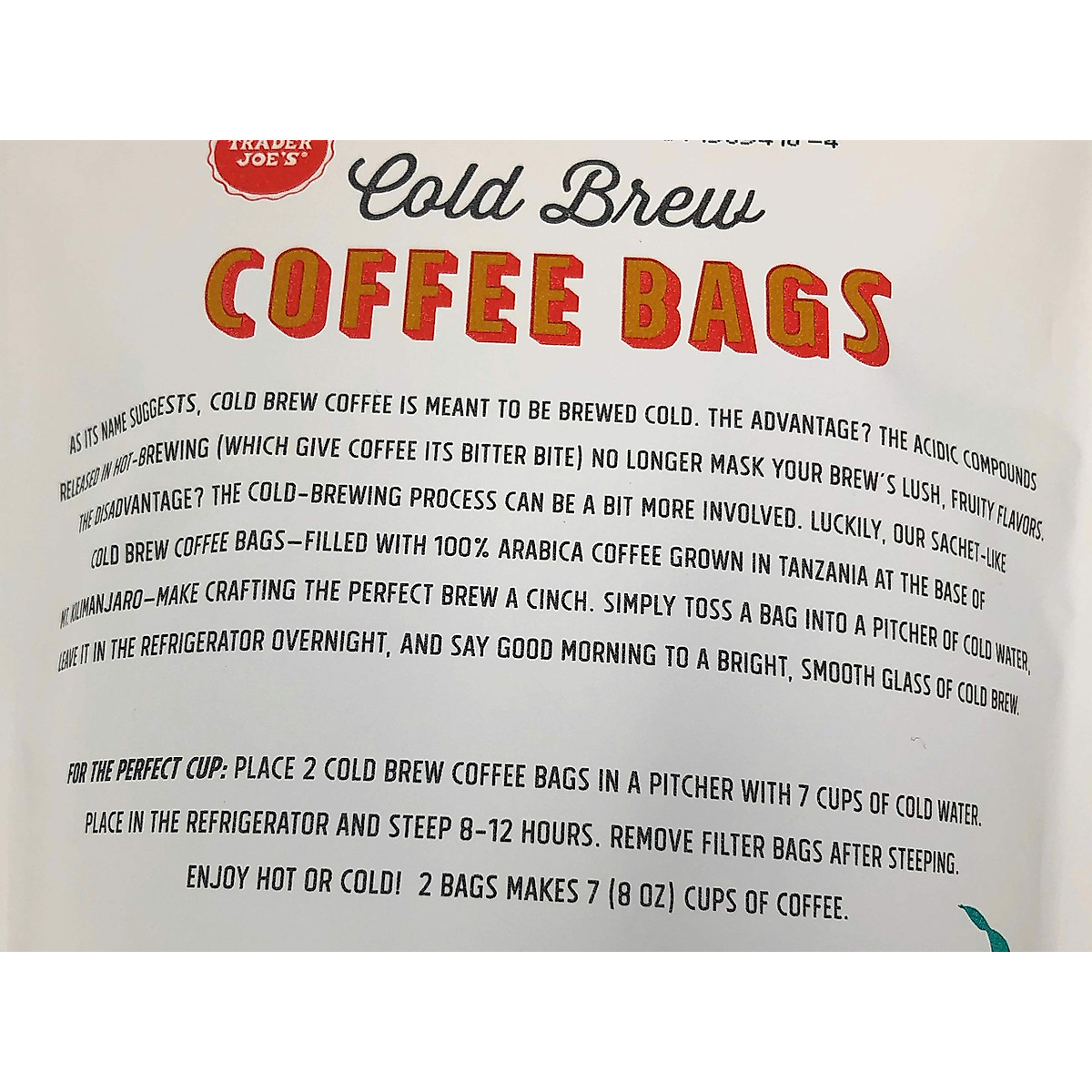 Trader Joes Cold Brew Coffee Bags - 12 Coffee Bags Total - 100% Arabica Coffee, Kilimanjaro Single Origin, Medium Roast