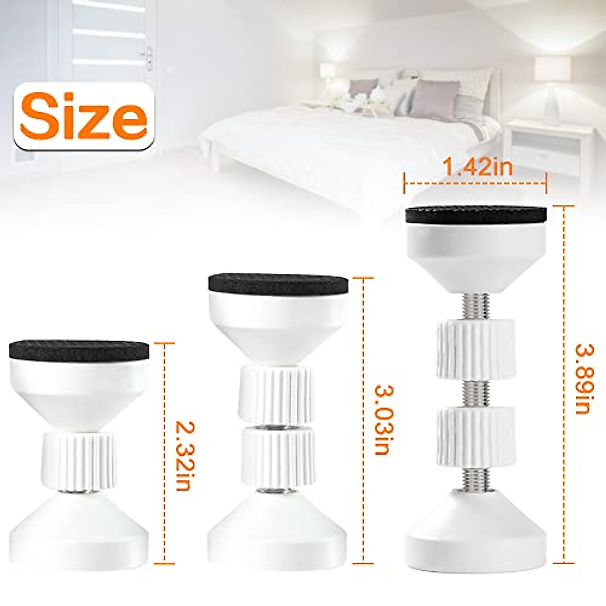 cosbur 4PCS Headboard Stabilizers, Headboard Stoppers for Wall, Bed Stoppers, Adjustable Threaded Bed Frame Anti-Shake Tools for Wall Beds, Cabinets, Sofas, Adjustable from 1.8"-3.15" (White)