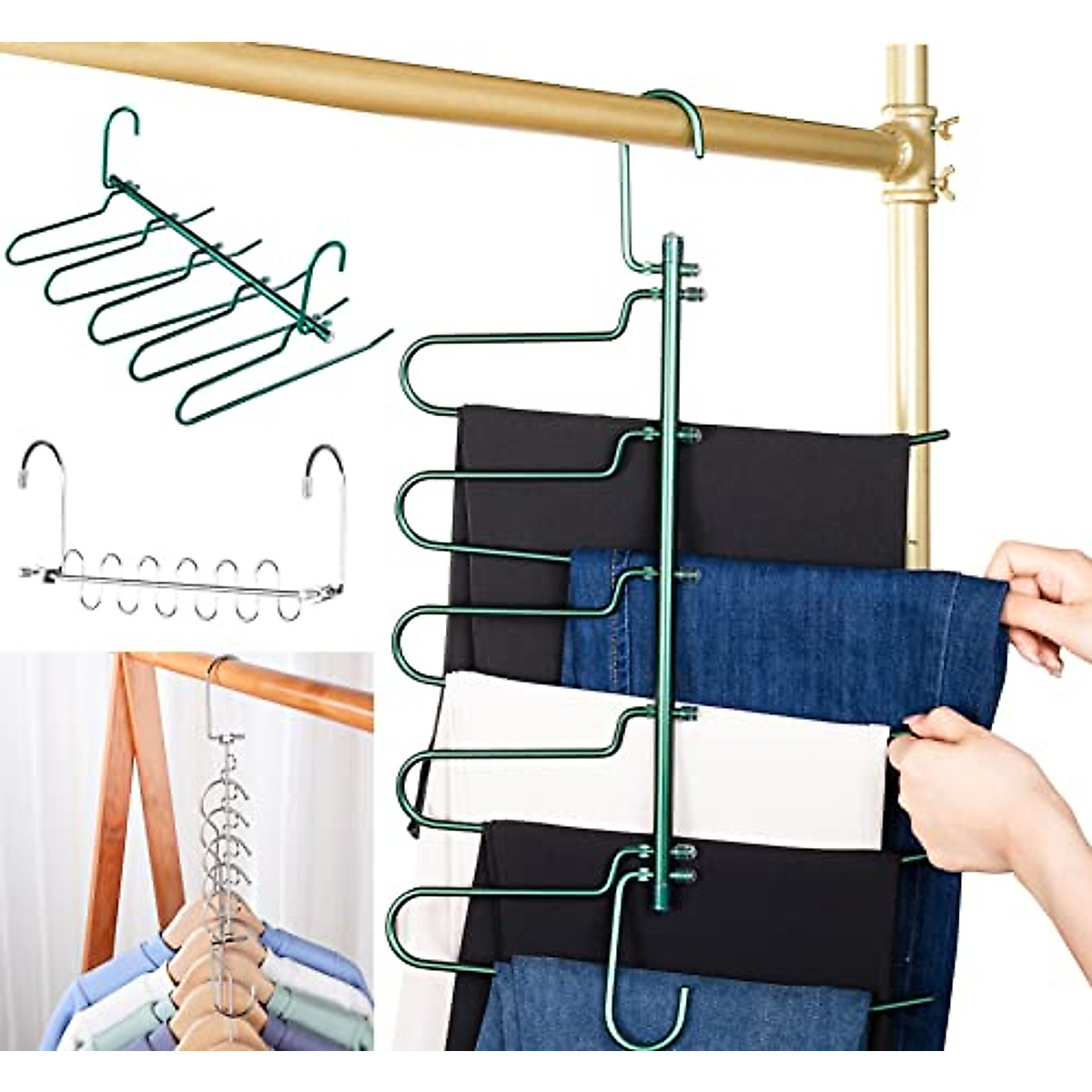 Pack of 2 Pants Hangers, 5 Layers Space Saving Jeans Hangers Detachable Clothes Trousers Hangers for Slacks Scarf Jeans + 2 Space Saving Magic Hangers - Closet Wardrobe Clothes Organizers