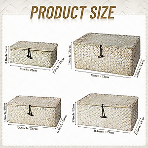 Woanger Set of 4 Seagrass Basket with Lids Rattan Wicker Storage Basket Handwoven Decorative Storage Boxes with Lids Multipurpose Woven Basket Bins for Shelf Closet (White)