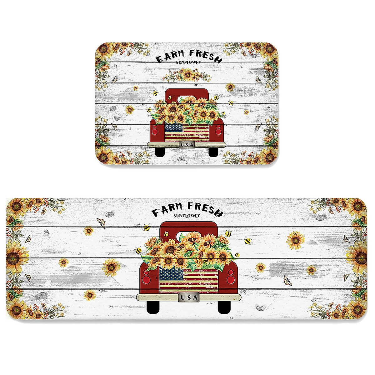 Farm Fresh Sunflower on Red Truck Anti Fatigue Kitchen Rug Set 2 Pieces Cushioned Kitchen Floor Mats Comfort Soft Standing Doormat, Non Slip Rugs and Runner USA Flag
