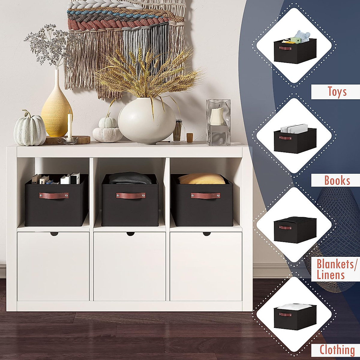 3 Pack Collapsible Shelf Basket Rectangle Storage Bins with Faux Leather Handles, X Large Foldable Fabric Shelf Storage Basket Closet Organizer and Storage Box for Clothes, Black