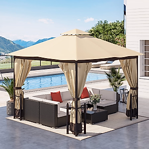 Outsunny 11' x 13' Patio Gazebo, Double Roof Outdoor Gazebo Canopy Shelter with Netting & Curtains, Steel Corner Columns for Garden, Lawn, Backyard and Deck, Beige