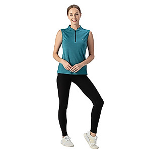 YSENTO Women's Dry Fit Tennis Golf Shirts 1/4 Zip Sleeveless Collarless UPF 50+ Yoga Gym Workout Tops Shirts Dark Blue Size XL