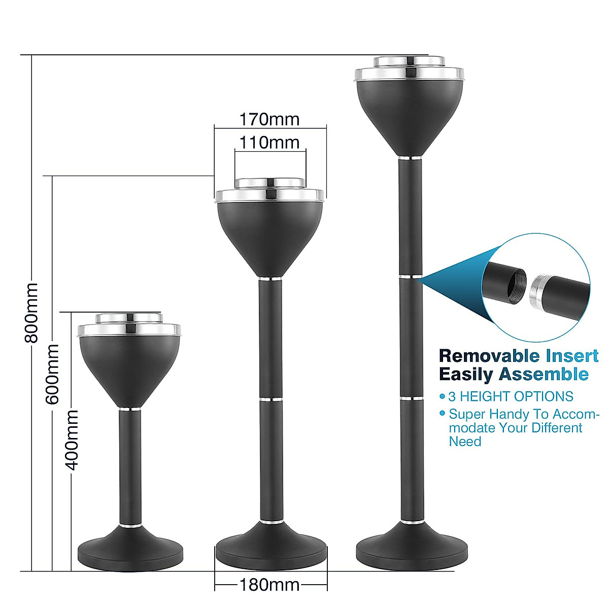 IRONWALLS Floor Cigar Ashtrays Stand, Matte Black Stainless Steel Windproof Ashtray with Lid for Home Garden Patio Cigarette Butt Receptacle, 3-Section Ash Tray with 31”, 24”, 16” Adjustable Height