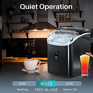 FREE VILLAGE Nugget Ice Maker Countertop, Pebble Machine with Soft Chewy Pellet Ice, 10,000pcs/33Lbs/Day, Self-Cleaning, Quiet & Easy to Us, Portable for Home Kitchen Bar Party Stainless Steel Black