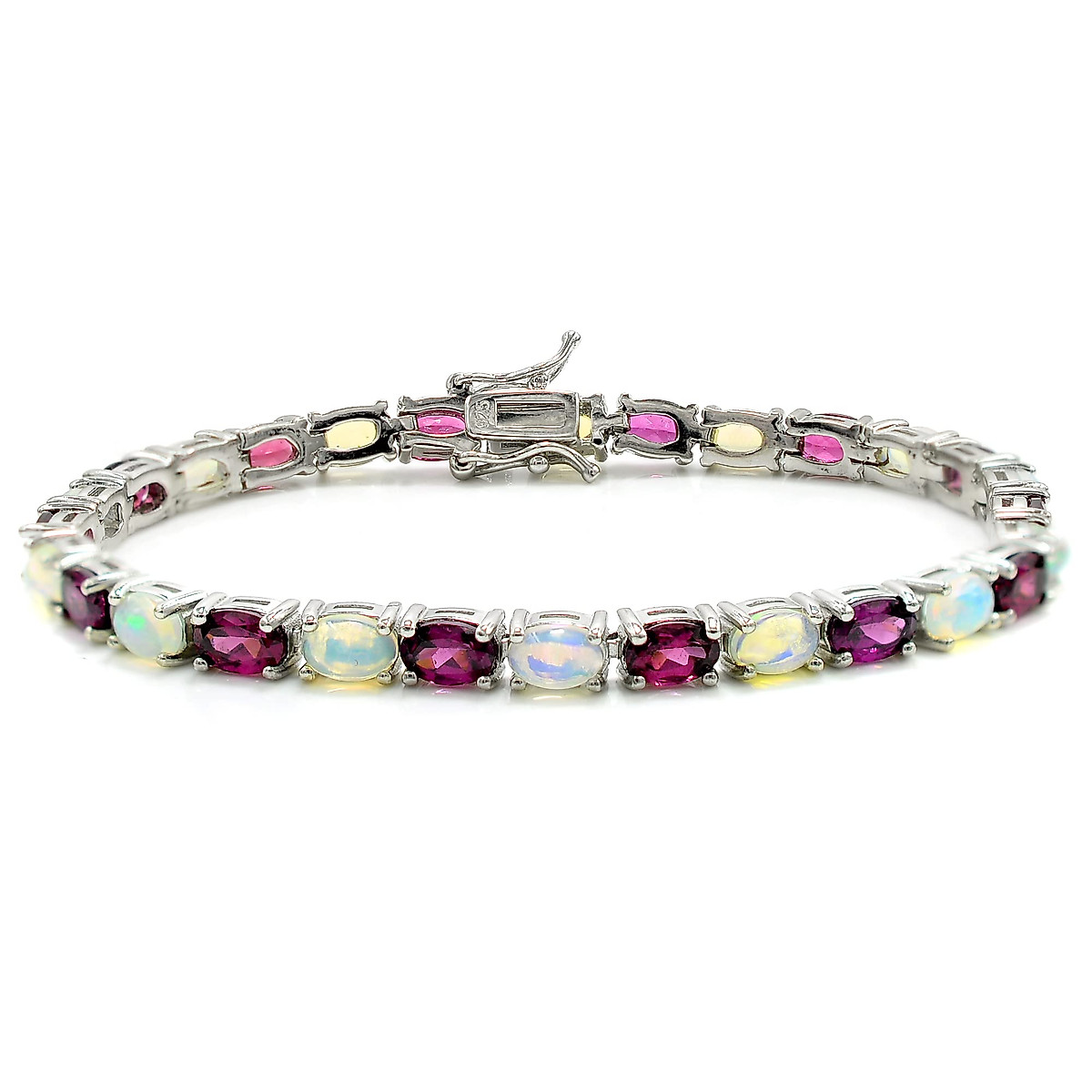 6X4 MM Oval Cut Natural Red Rhodolite Garnet Ethiopian Opal Gemstone 925 Sterling Silver January Birthstone Women Jewelry Tennis Bracelet Wedding Gift For Bridal Gift Christmas Gift For Girlfriend Gift (Rhodium Plated Silver, 6.5 Inches)