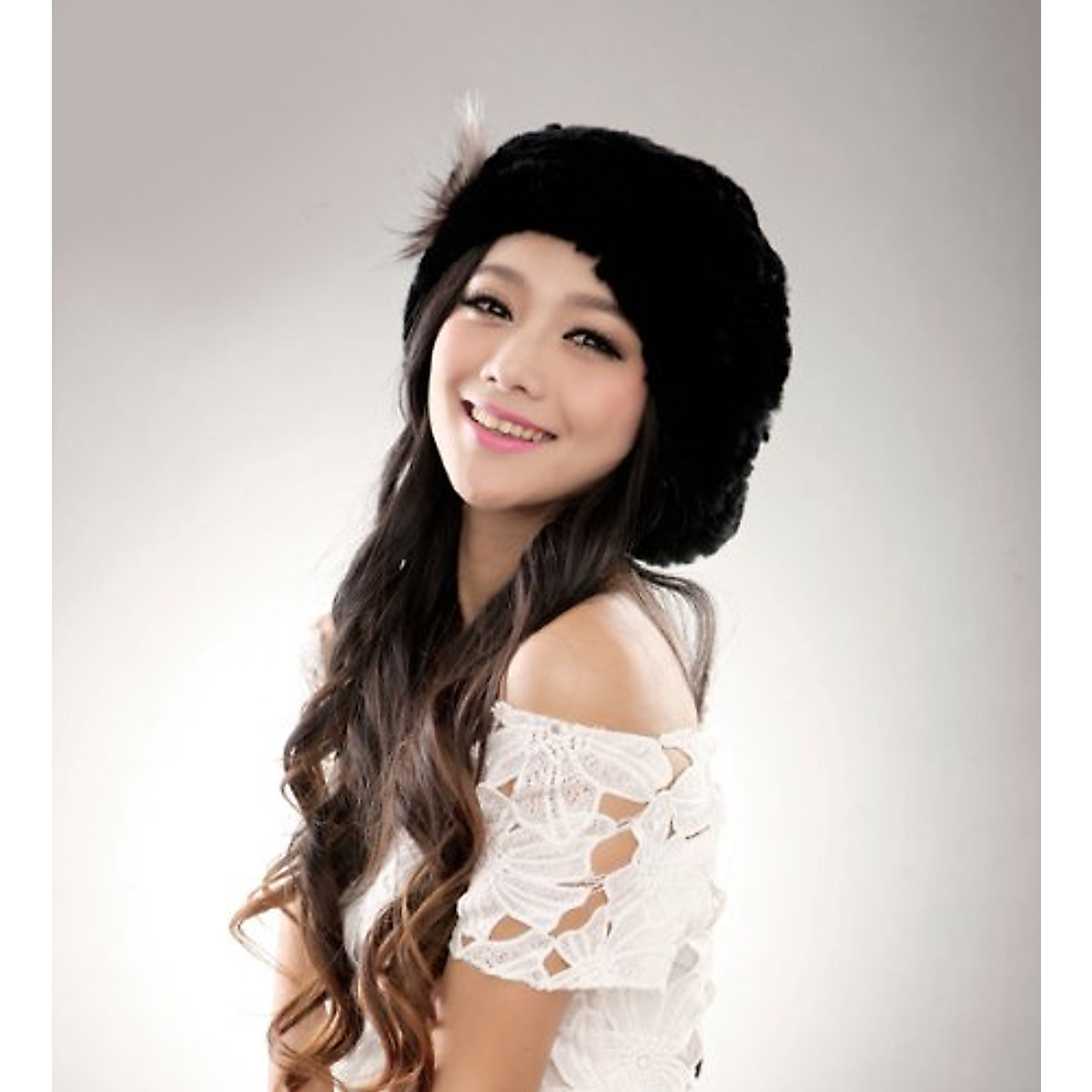 URSFUR Winter Women's Rex Rabbit Fur Beret Hats with Fur Flower (Black)