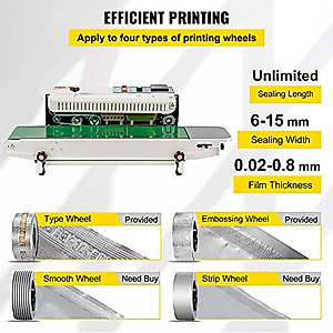 VEVOR Continuous Bag Band Sealing Machine FR900K Band Sealer Machine with Digital Temperature Control Horizontal Bag Sealer for 0.02-0.08 mm Plastic Bags Continuous Band Sealer w/ Printing Function