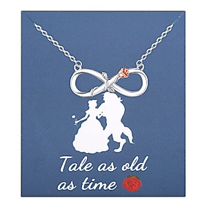 SEIRAA Tale as Old as Time Jewelry Rose Flower Pendant Necklace Fairytale Gifts (Rose Flower Necklace)