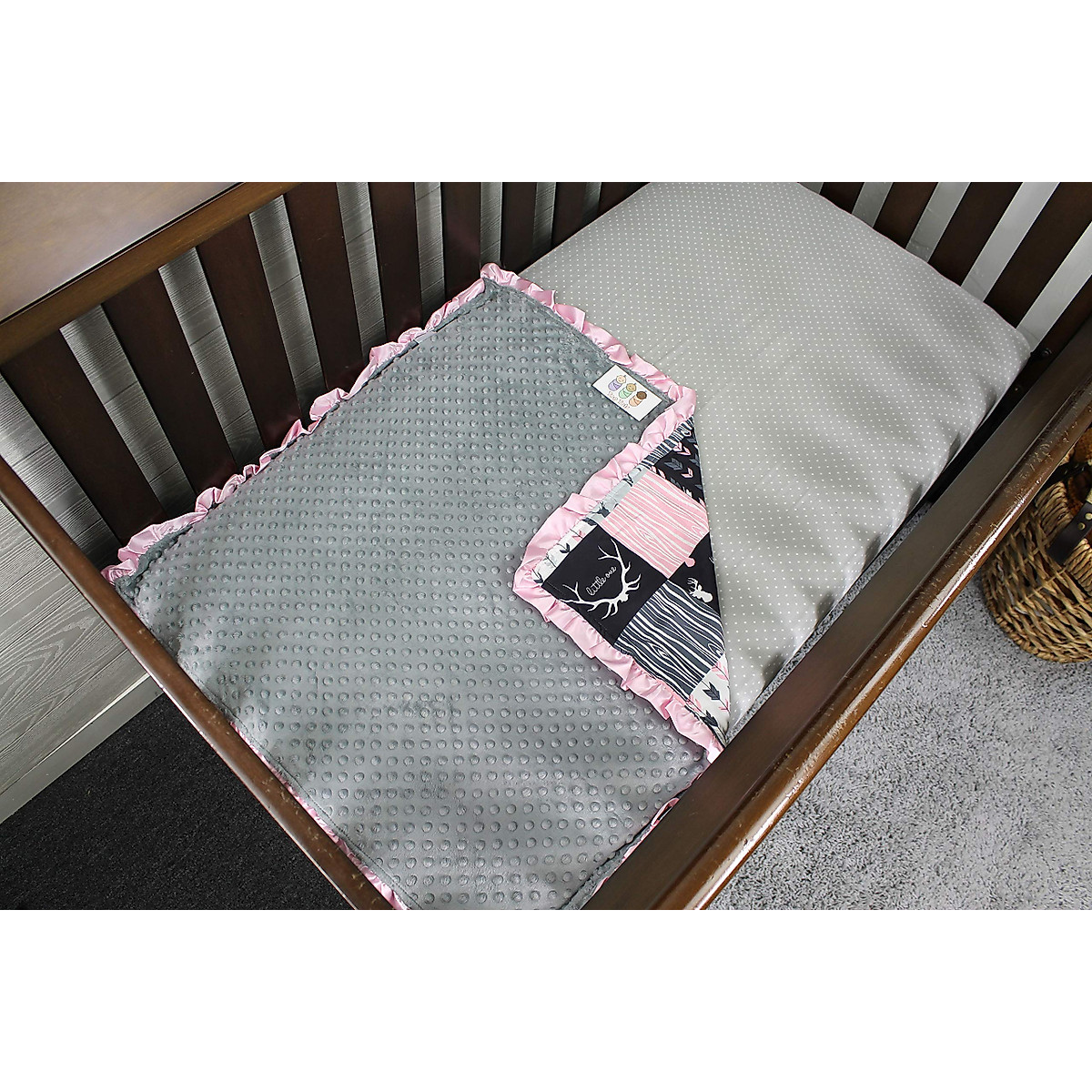 Baby Blanket - Minky, Deer, Arrows and Antlers, Pink with Gray and Black, with Pink Ruffles
