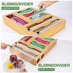 MIRBIRTOS bamboo ziplock bag organizer for drawer Foil And Plastic Wrap Organizer 6 In 1 Plastic Wrap Dispenser with Cutter Compatible with 12" Kitchen Rolls