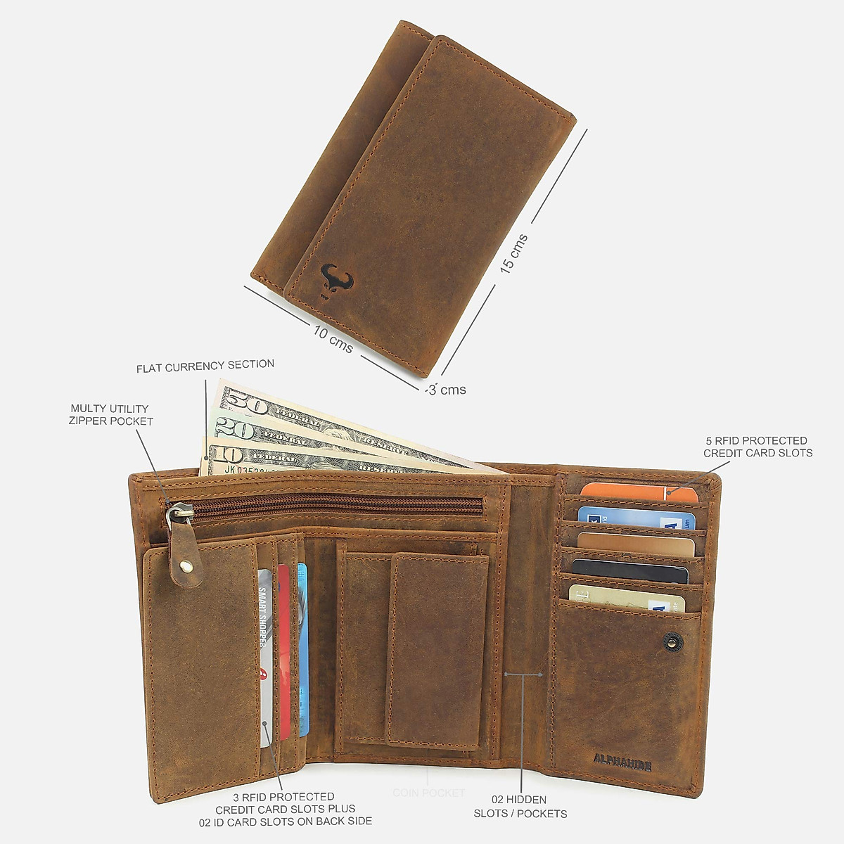 AlphaHide RFID Blocking Ladies Wallet - Credit Card Wallet for Women - Trifold Wallets for Girls - Crazy Horse Genuine Leather - Large Coin Pocket - Two ID Windows - Gift Boxed