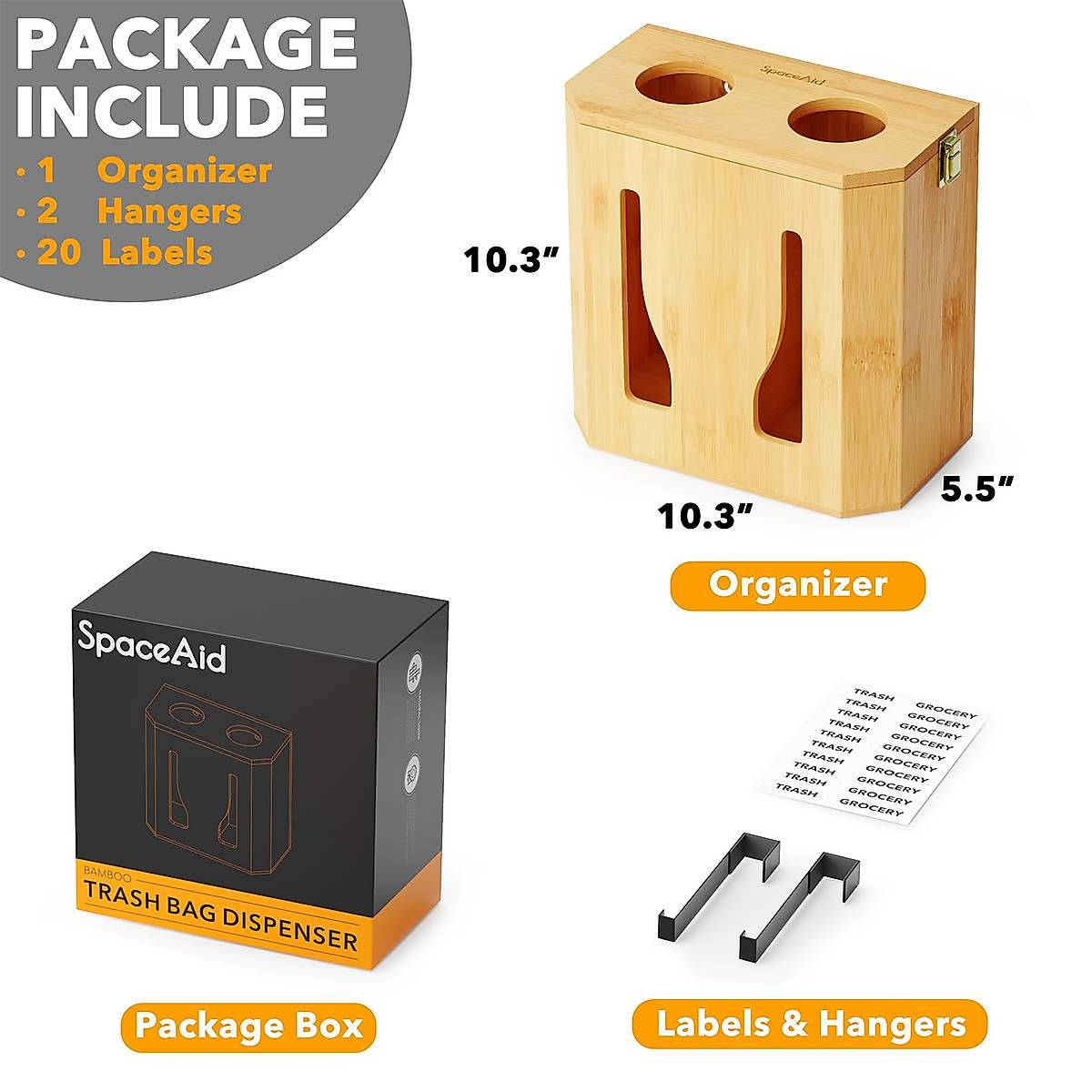 SpaceAid Grocery Bag Holder & Trash Bag Dispenser, Bamboo 2 in 1 Garbage Bag Roll Holders Organizer for Plastic Bags, Under Sink Organizers and Storage for Kitchen Organization (Bamboo)