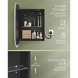 VASAGLE Medicine Cabinet with Mirror and Lights, Wall-Mounted Bathroom Wall Cabinet with Charging Station, 2 AC Outlets, 2 USB-A Ports, Rounded Rectangle, Adjustable Shelf, Black UBBK127B02