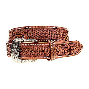 Twisted X Genuine Leather Natural Brown Basket Weave Belt with Floral Tooling (40 - Fits 38" Waist)