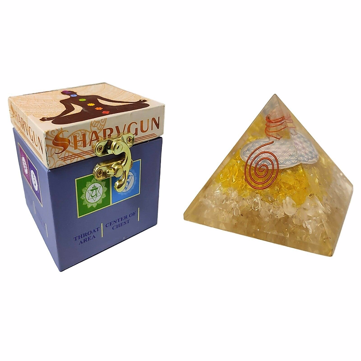 Sharvgun Orgonite Pyramid Citrine & Clear Flower of Life Crystal Orgone Pyramid Negative Energy Protection Reiki Chakra Spiritual Gift Box, 4 Crystal Healing Aura Cleasing Meditation Pyramids