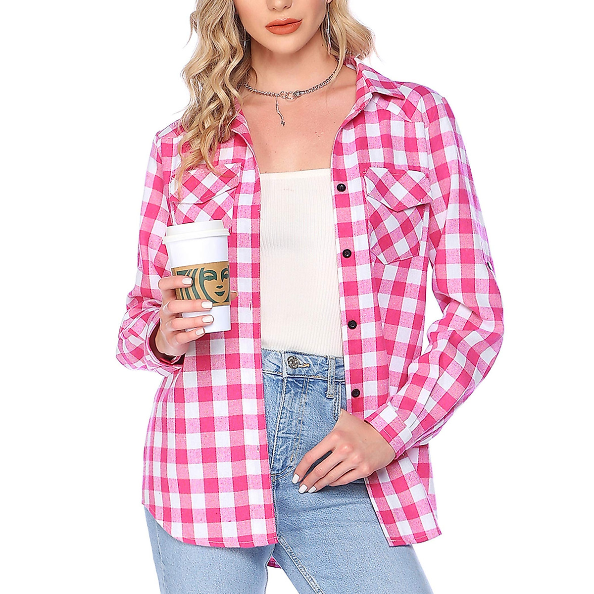 HOTOUCH Flannel Shirt for Women Long Sleeve Mid-Long Shirts with Pockets