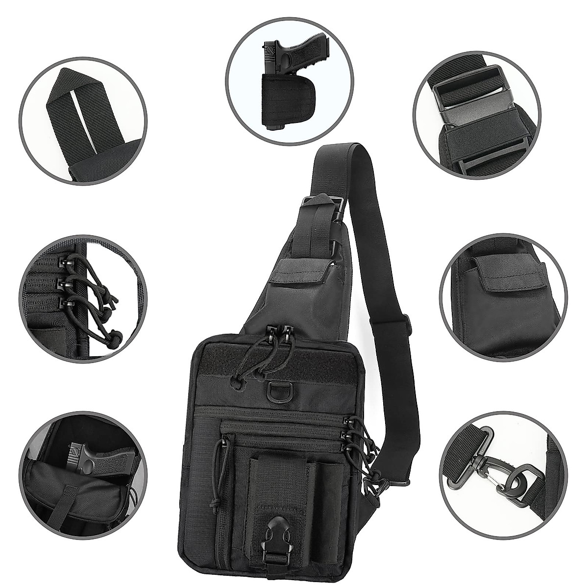 LarKoo Tactical Chest Sling Pistol Bag Concealed Carry Handgun Chest Crossbody Pack Holster Shoulder Bag for Right Left Hand Ambidextrous