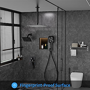 Woindo Shower Faucet Set, 12" Ceiling Mount Rainfall Shower System with 2 Rain Shower Head and Multi-function Handheld Head Push Button Diverter Shower Faucet Trim Kits, Matte Black