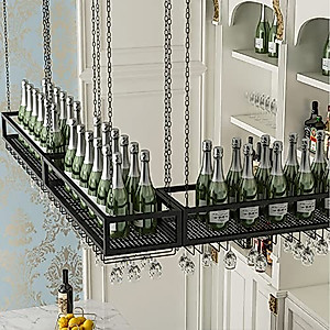 Black Ceiling Hanging Wine Rack ，Home Bar Iron Wine Bottle Storage Holder Kitchen Wall Mounted Stemware Glasses Metal Shelf Floating Organizer Shelves (Size : 100x25x20cm)