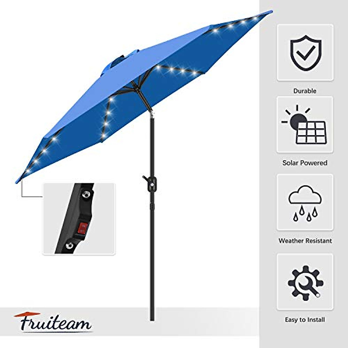 FRUITEAM Solar Patio Umbrella Outdoor LED Swimming Pool Umbrella, 7 1/2 FT Table Umbrella with Lights Heavy Duty Patio Umbrella with Sturdy Ribs, Crank, Easy Tilt Adjustment, Aqua Blue