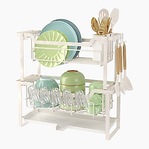 KOSIWU Dish Rack with Drainboard, Organizes Dishes and Bathroom Items for Narrow Spaces, Two-Story Drying Rack Fits 12 Plates 12 Bows 5 Glasses 4 Hooks and Some Cutlery, White