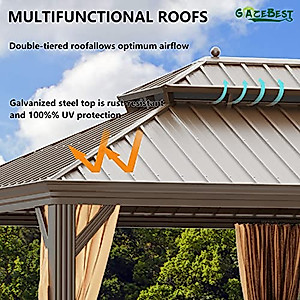 GAZEBEST 14' X 20' Hardtop Gazebo Outdoor Aluminum Patio Gazebo Double Roof Galvanized Steel Gazebo Canopy Wooden Finish Coated with Netting and Curtains,for Garden Patio,Patio Backyard,Deck and Lawns