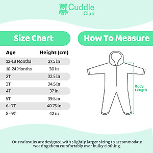 Cuddle Club Toddler Rain Suit - 2T Toddler Rain Jacket Muddy Buddy Rain Suit - Toddler Rain Suit for Toddler Boys & Girls - Rain Suit One Piece Toddler Raincoat - Girls & Boys Toddler Rain Gear