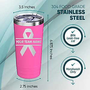 Personalized Custom Breast Cancer Ribbon Your Name Insulated Tumblers 20 oz. with Lid, Stainless Steel Cups Travel Coffee Mug (Pink)