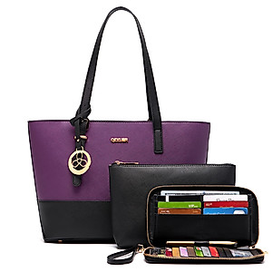 Purses And Wallets Set For Women Tote Satchel Handbags Shoulder Bag Top Handle Totes Purse With Matching Wallet PurpleBlack