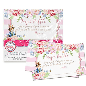 Little Rabbit Floral Themed Diaper Raffle Tickets for Girl Baby Showers, 20 2" X 3” Double Sided Insert Cards for Games by AmandaCreation, Bring a Pack of Diapers to Win Favors & Prizes!