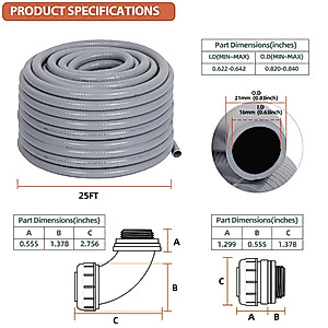 Neorexon Liquid-Tight Conduit and Connector Kit 1/2inch 25ft, Flexible Non Metallic Liquid Tight Electrical Conduit w/UL Certification, Electrical Conduit Kit with 5 Straight, 5 Angle Fittings