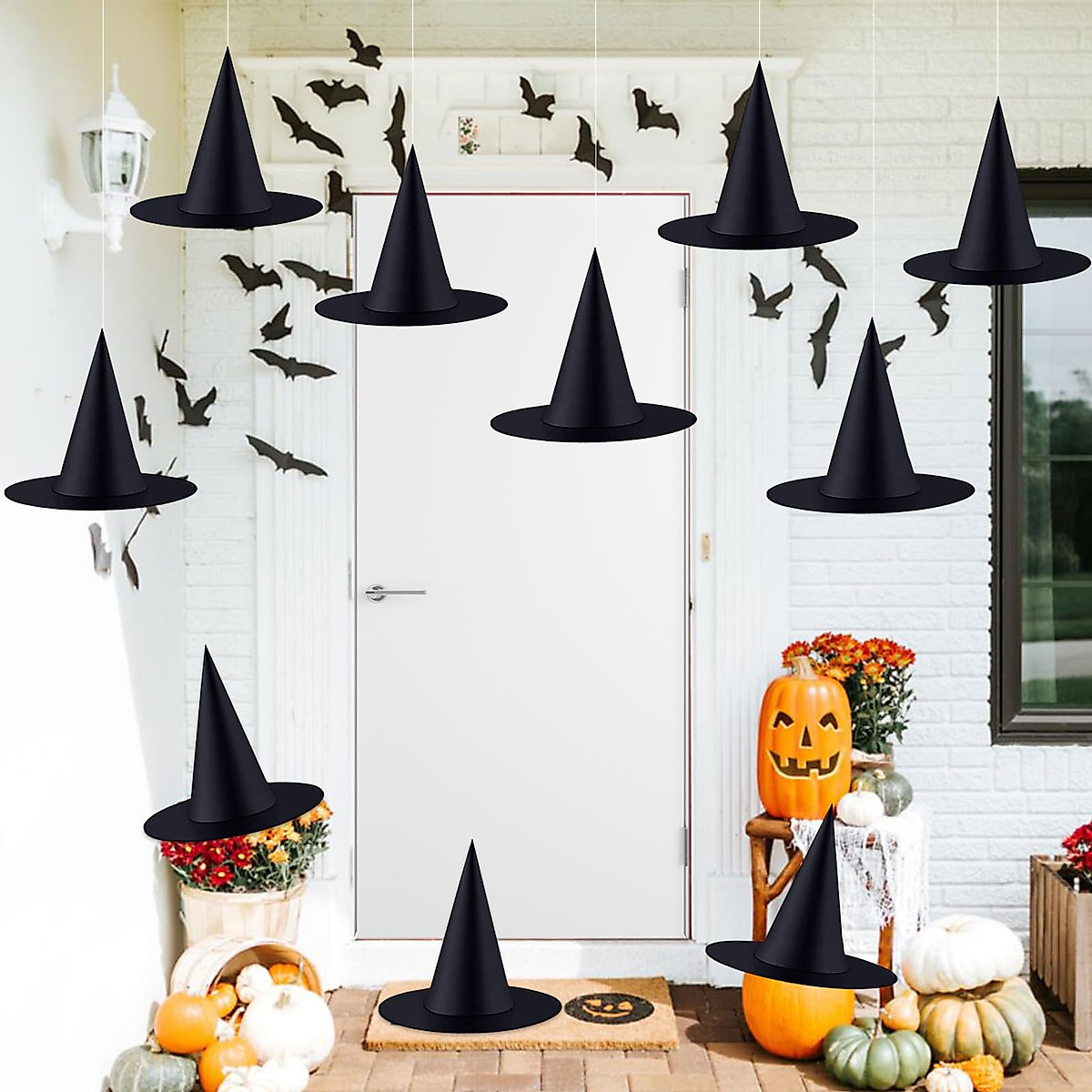 Halatool 10 Pieces Halloween Witch Hats, Floating Black Hanging Witch Hats Outdoor, Halloween Party Favors Witch Hat with 98 Feet Hanging Rope for Halloween Costume Accessories Party Decoration