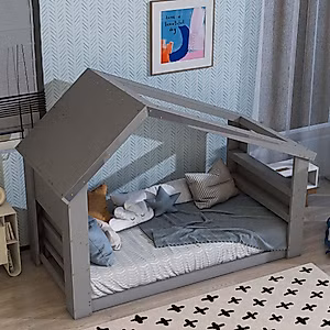 DUNTRKDU Twin Size Wood House Floor Bed Frame with LED Light, Modern Multifunction House Floor Bed with Roof Window and Wood Slats Support for Bedroom Girls Boys, Easy Assemble (Gray)