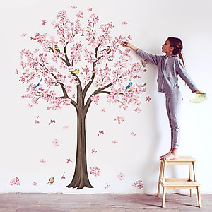 decalmile Large Pink Blossom Tree Wall Decals Flower Birds Branch Wall Stickers Living Room Bedroom Baby Nursery Wall Decor（H:128cm/50 Inches）