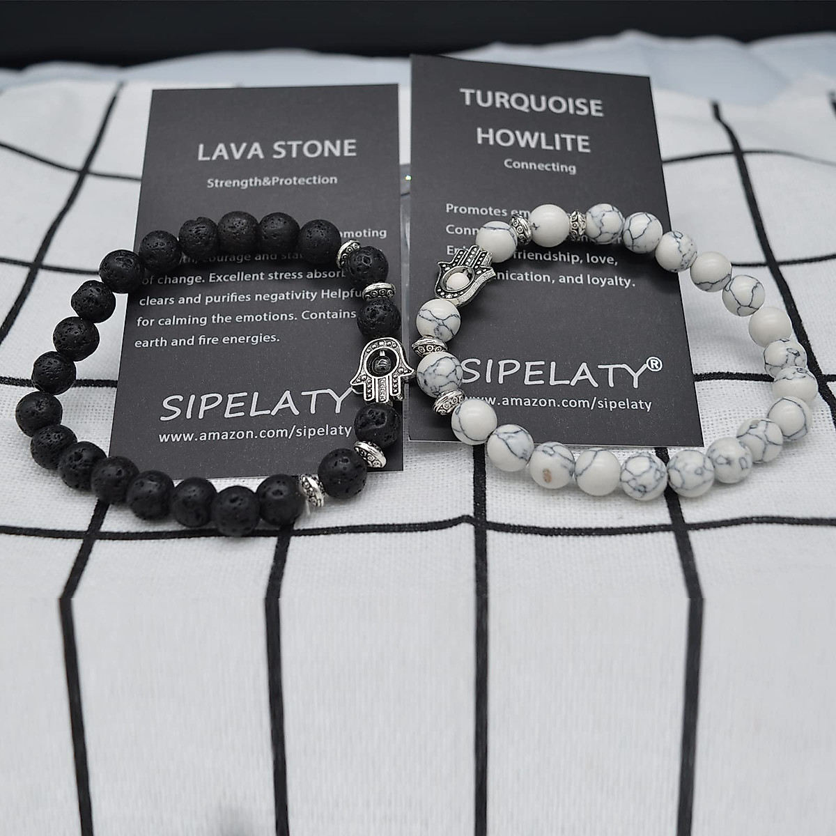 KIKILA 2Pcs Set Handmade Elastic 6mm Beads Hamsa Bracelet Natural Stone Evil Eye Hamsa Fatima Hand Charm Beaded Couples Bracelets Kabbalah Bracelet (Howlite +Lava)