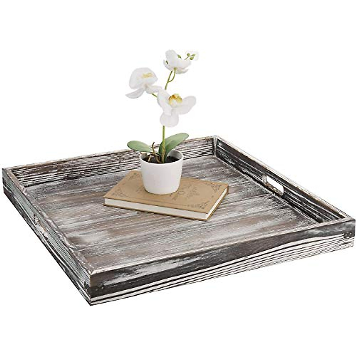 MyGift 19-inch Square Rustic Torched Wood Ottoman Tray with Vintage Metal Side Accent Wraps