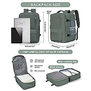 Large Travel Carry on Laptop Backpack for Women Men, Expandable Flight Approved Backpack, Waterproof Sports College bag Casual Daypack for Weekender Business Hiking with Shoe Compartment DarkGreen