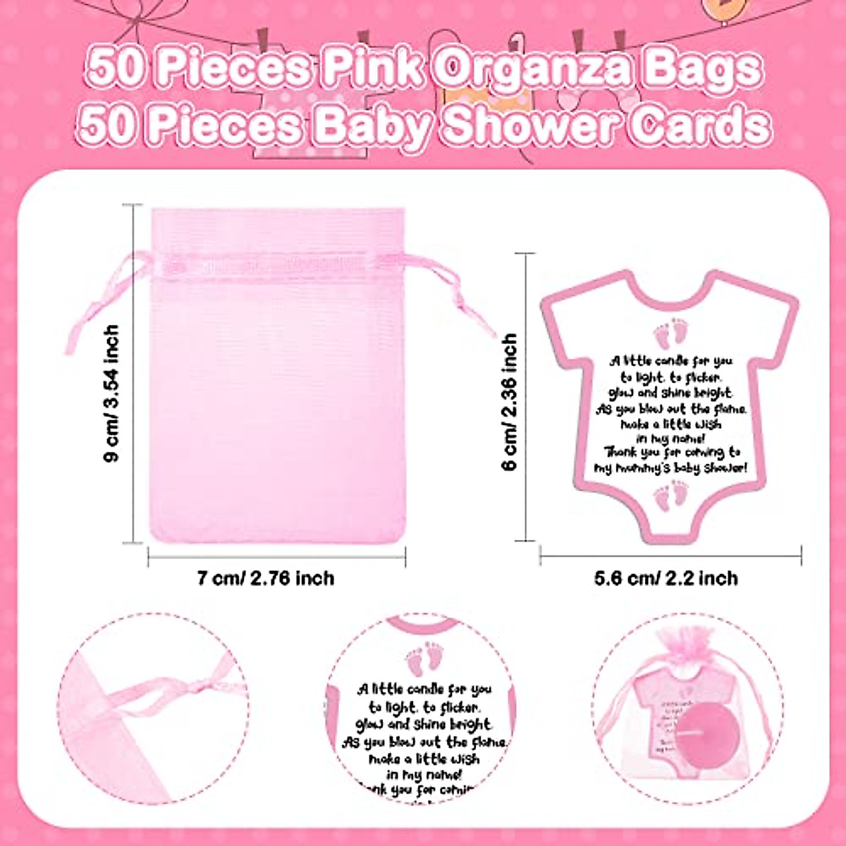 50 Sets Pink Baby Shower Favors Tea Light Candles for Guests Cute Decorations with Pink Cards and Organza Bags for Girls Friend Baby Shower Gender Reveal Party Favors (Pink), Unscented